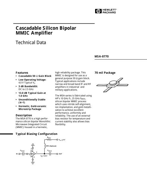 Cascadable Silicon Bipolar MMIC Amplifier Technical Data