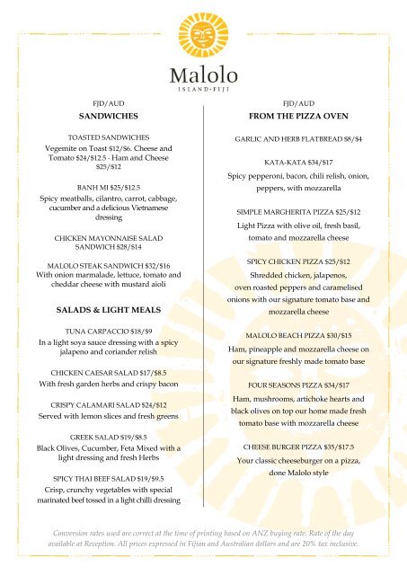 Beach Bar Menu - Malolo Island Resort