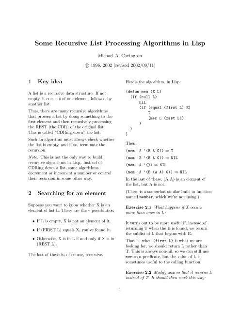 Some Recursive List Processing Algorithms In Lisp