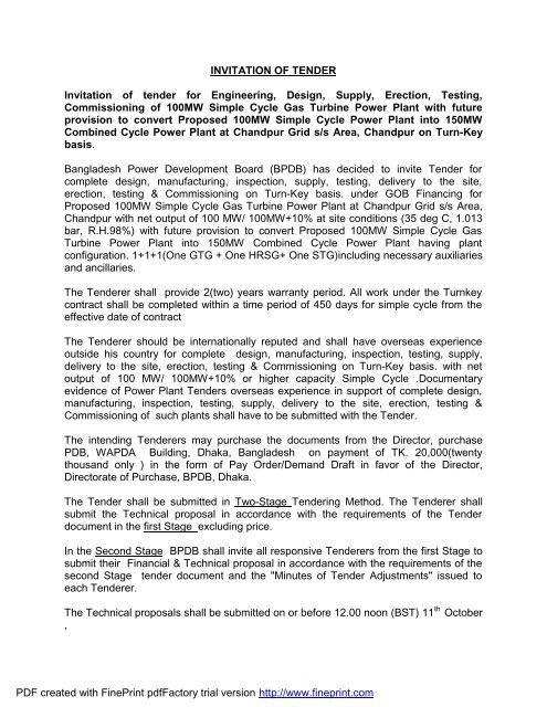 INVITATION OF TENDER Invitation of tender for Engineering ... - BPDB