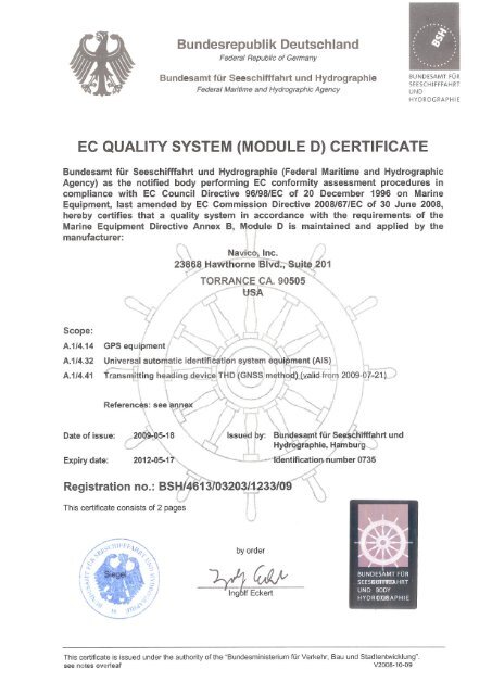 EC QUALITY SYSTEM (MODULE D) CERTIFICATE