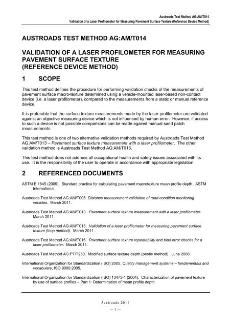 austroads test method ag:am/t014 validation of a laser profilometer ...