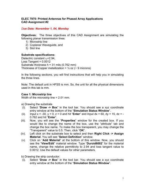 Printed Antennas for Phased Array Applications CAD Assignment #2 ...
