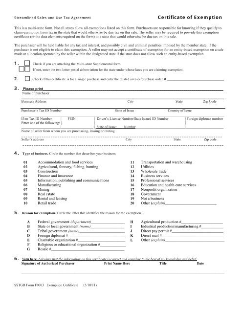 Certificate of Exemption fill in form - Streamlined sales tax