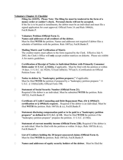 Chapter 11 Case Checklist