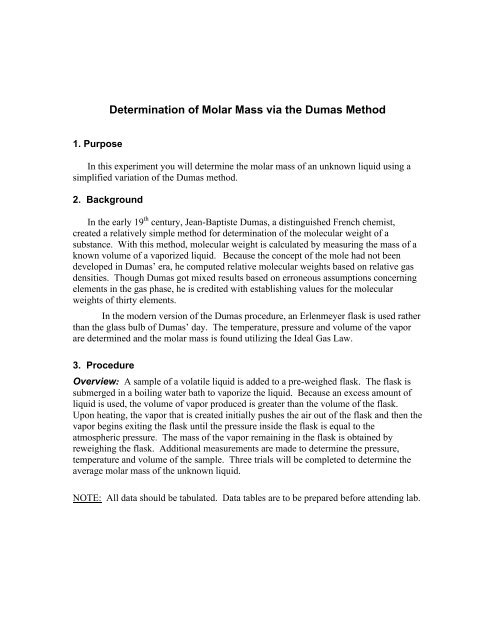 Determination of Molar Mass via the Dumas Method