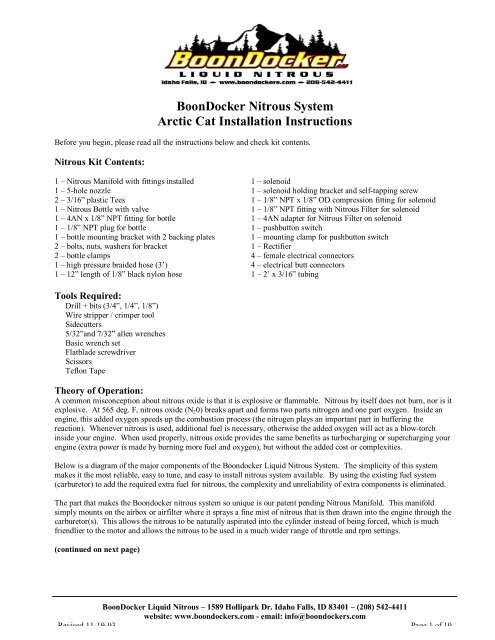 BoonDocker Nitrous System Arctic Cat Installation Instructions