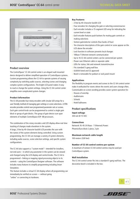 ControlSpace CC-64 Control Center - Tech Data Sheet - Bose