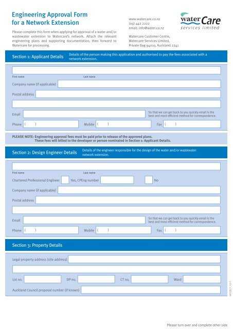 Engineering Approval Form for a Network Extension - Watercare