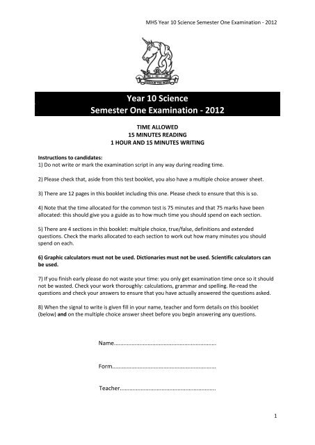 2012 semester one year 10 exam