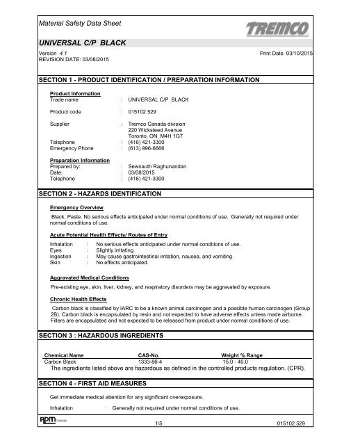Universal Color Pack Black MSDS - Tremco Sealants