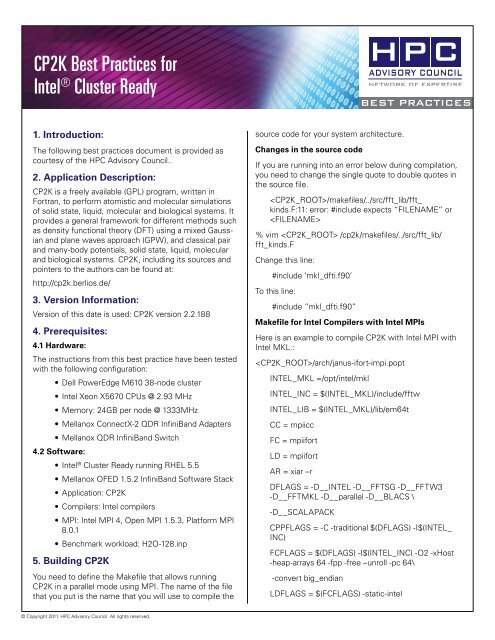 CP2K Best Practices for Intel® Cluster Ready - HPC Advisory Council