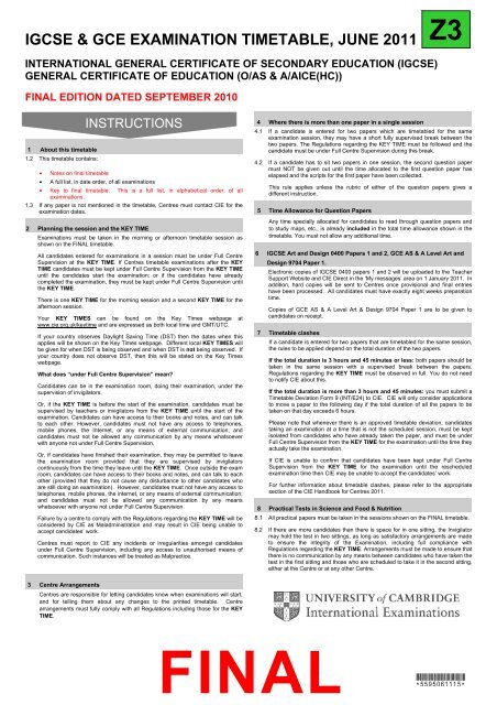IGCSE & GCE EXAMINATION TIMETABLE, JUNE 2011