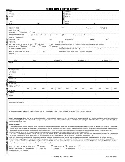 Residential Desktop Form - Appraisal Institute of Canada