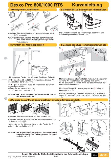 Dexxo Pro 800/1000 RTS Kurzanleitung - Somfy