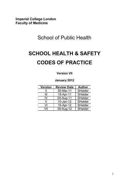 school health & safety codes of practice - Imperial College School of ...