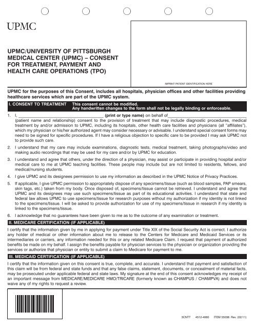 Consent for Treatment, Payment and Health Care ... - UPMC.com