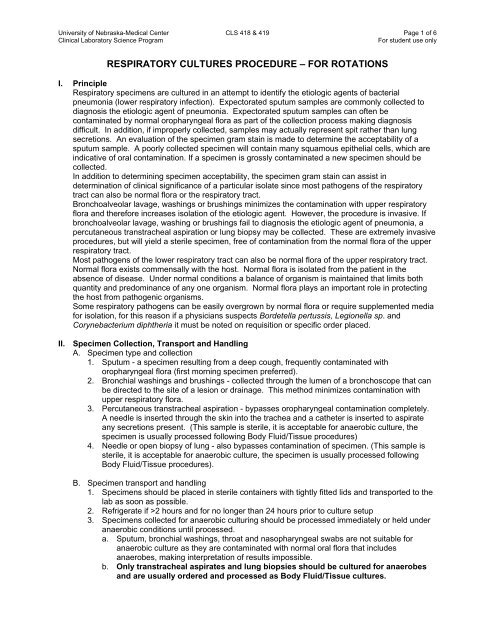 RESPIRATORY CULTURES – GENERAL PROCEDURE