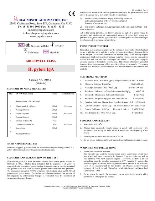 H. pylori IgA - Diagnostic Automation : Cortez Diagnostics