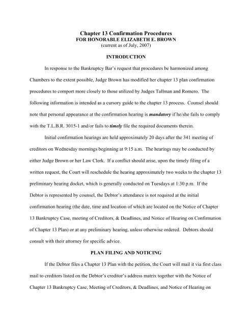 Chapter 13 Confirmation Procedures - US Bankruptcy Court