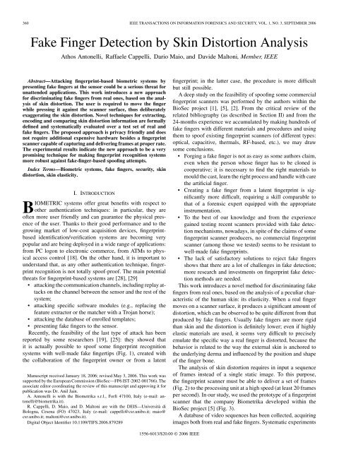 Fake Finger Detection by Skin Distortion Analysis - Department of ...
