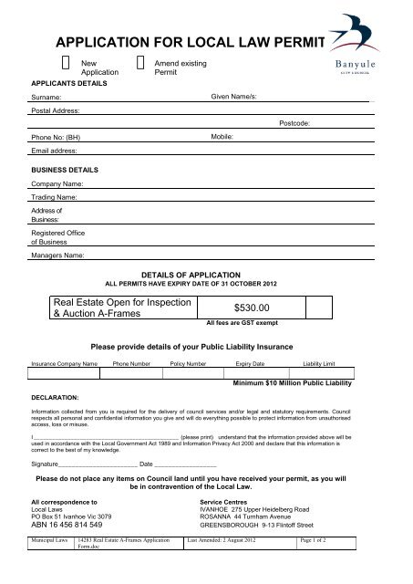 application for local law permit - Banyule City Council