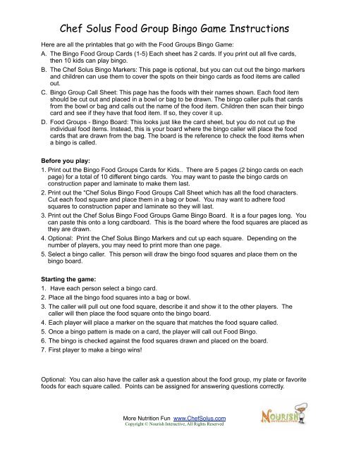 Chef Solus Food Group Bingo Game Instructions - Nourish Interactive