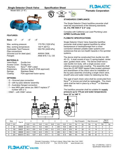 Single Detector Check Valve Specification Sheet Flomatic Corporation
