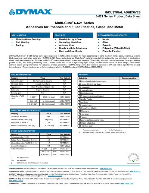 DYMAX 6-621 Series Industrial Adhesive Product Data Sheet