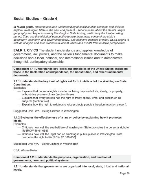 4th Grade Social Studies Standards - Selah School District