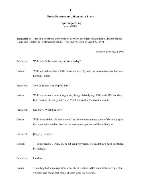 Transcript #1: Part of a telephone conversation between President ...