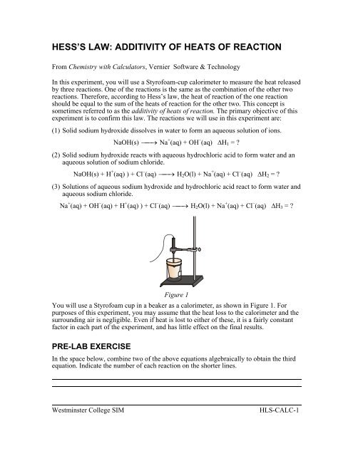hess's law: additivity of heats of reaction - Westminster College hess's law: additivity of heats of reaction - Westminster College