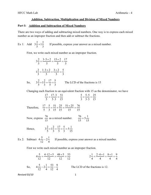 Addition Subtraction Multiplication And Division Of Mixed Numbers Addition Subtraction Multiplication And Division Of Mixed Numbers