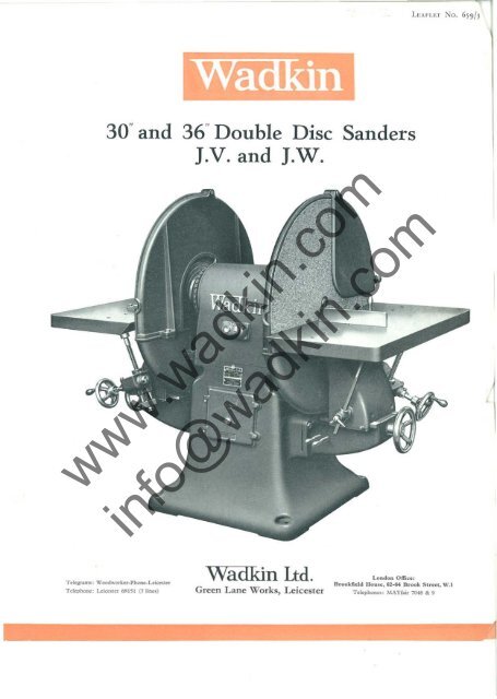 Wadkin JV JVA JW JWA Double Disc Sander Literature
