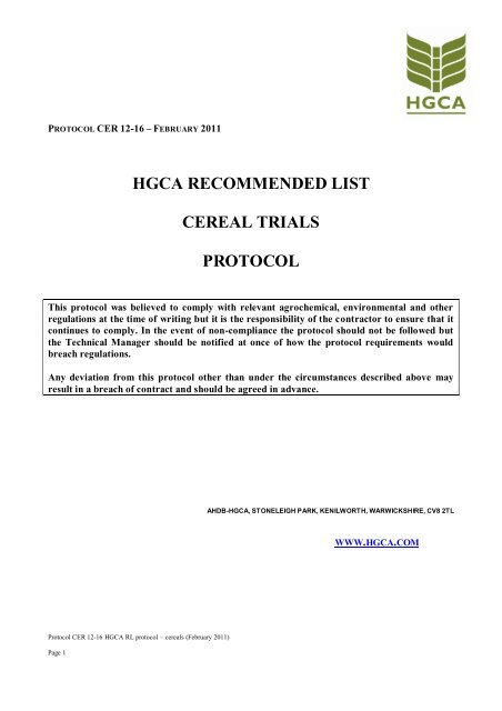 HGCA RECOMMENDED LIST CEREAL TRIALS PROTOCOL - AHDB
