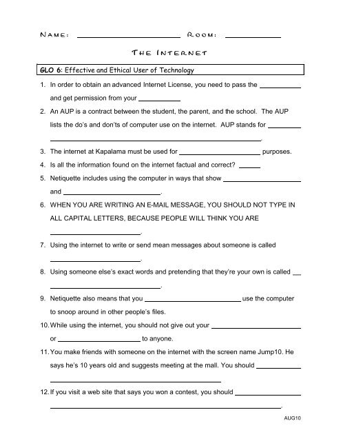 Internet Review worksheet