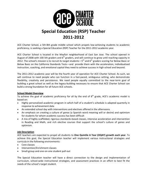 Special Education (RSP) Teacher 2011-2012 - ACE Charter School