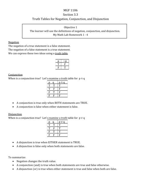 MGF 1106 Section 3.3 Truth Tables for Negation, Conjunction, and ...