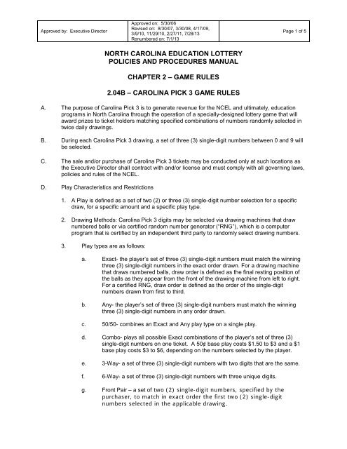 carolina pick 3 game rules - North Carolina Education Lottery