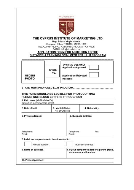 Application form for Distance - Learning/Overseas Centres LL.M ...