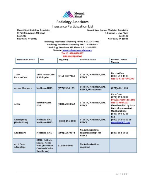 Radiology Insurance Information - Mount Sinai Hospital