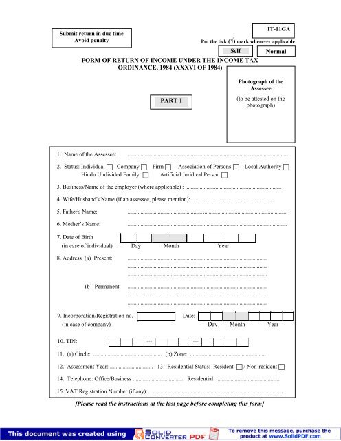 FORM OF RETURN OF INCOME UNDER THE INCOME TAX ...