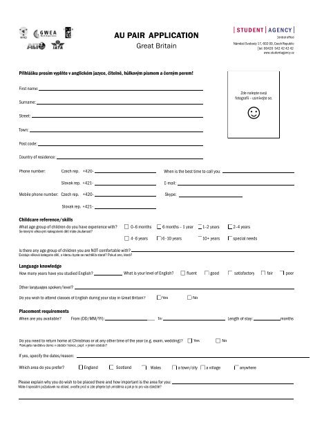 AU PAIR APPLICATION - Student Agency