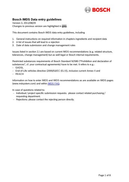 Bosch IMDS Data entry guidelines
