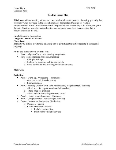 Laura Rigby GER 397P Verónica Ríos Reading Lesson Plan This ...