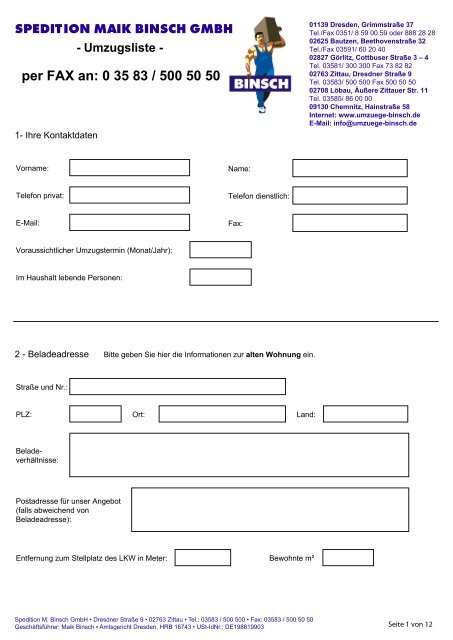 Umzugsliste - Spedition Maik Binsch GmbH