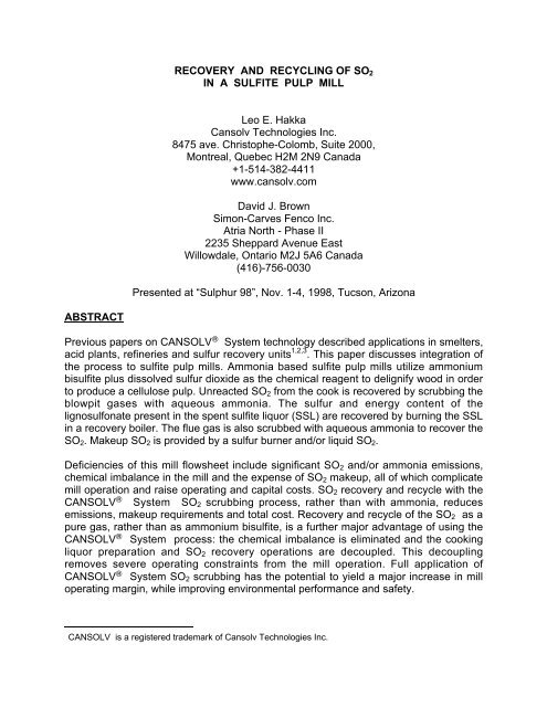 RECOVERY AND RECYCLING OF SO2 IN A SULFITE PULP MILL ...