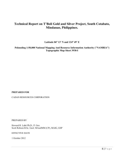 Technical Report on T'Boli Gold and Silver ... - Cadan Resources