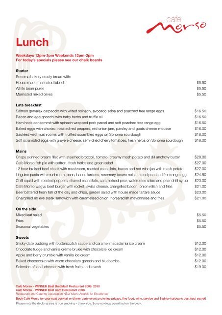 Cafe Morso Pyrmont Lunch Menu and Wine List - Out4dinner