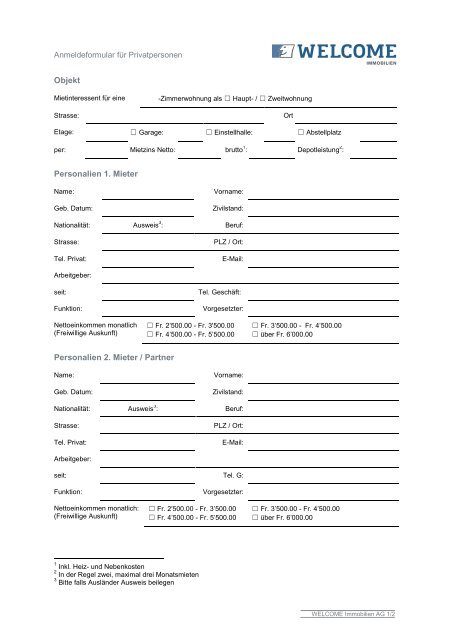 Anmeldeformular fÃƒÂ¼r Privatpersonen - WELCOME Immobilien